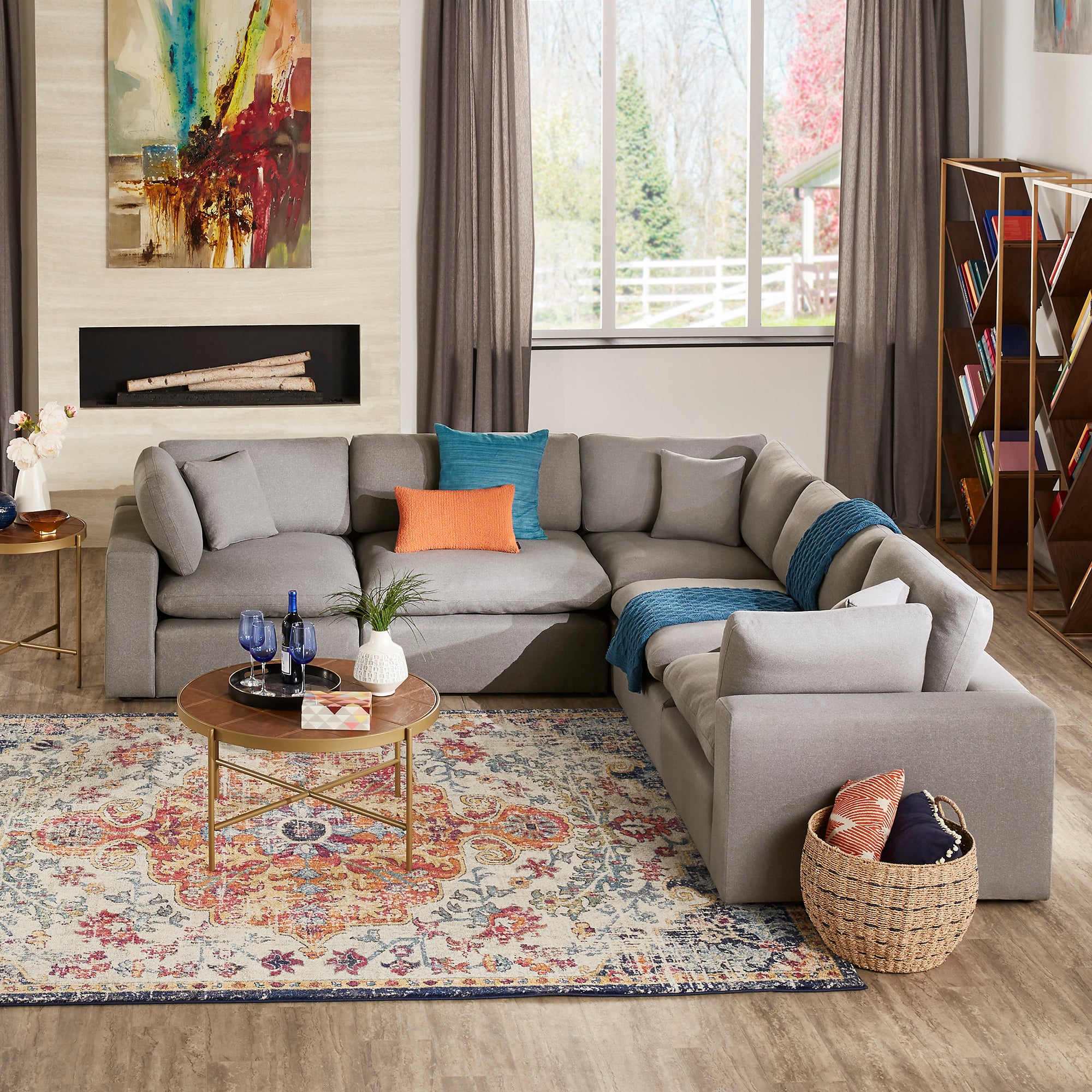 Grey Linen Weave Down Blend 5 Seat Modular Sectional Sofa by iNSPIRE Q Modern iNSPIRE Q Home
